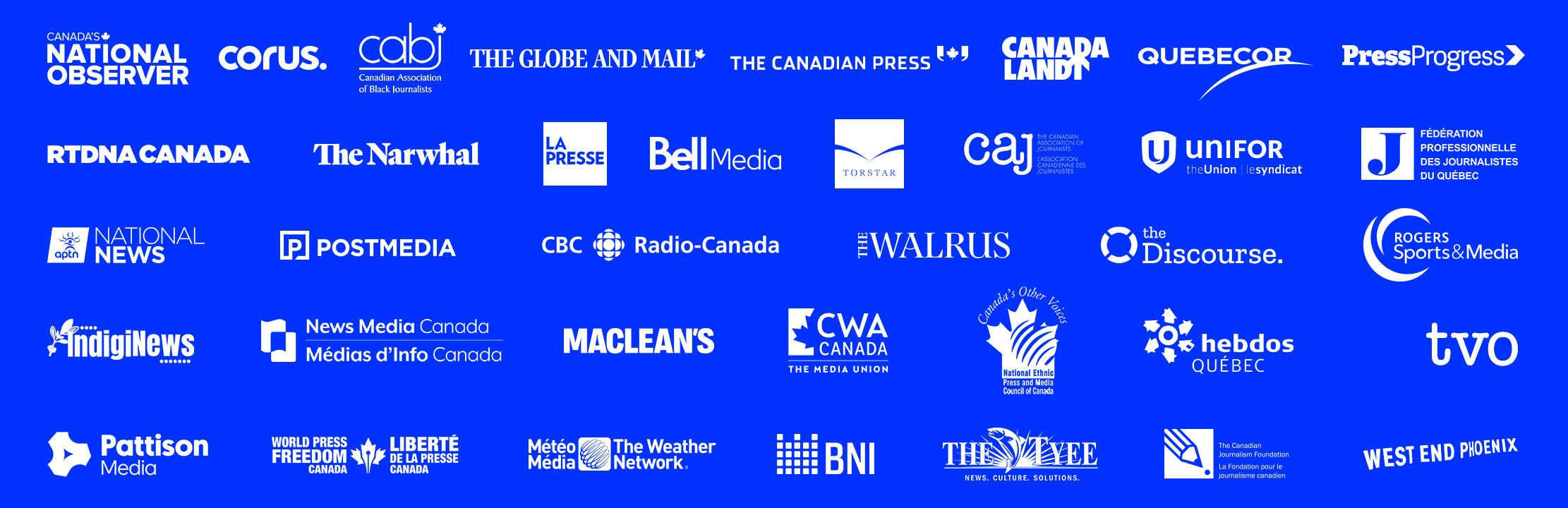 A dark blue banner displaying in white the logos of numerous Canadian ...