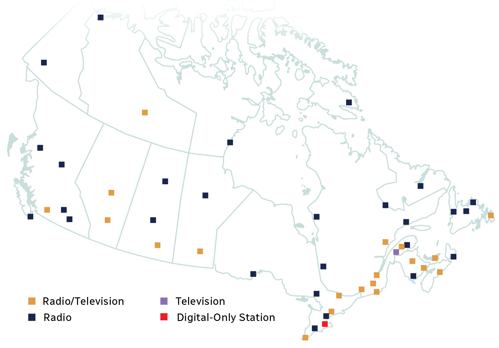 Map of Canada with square dots on the cities where we have stations.