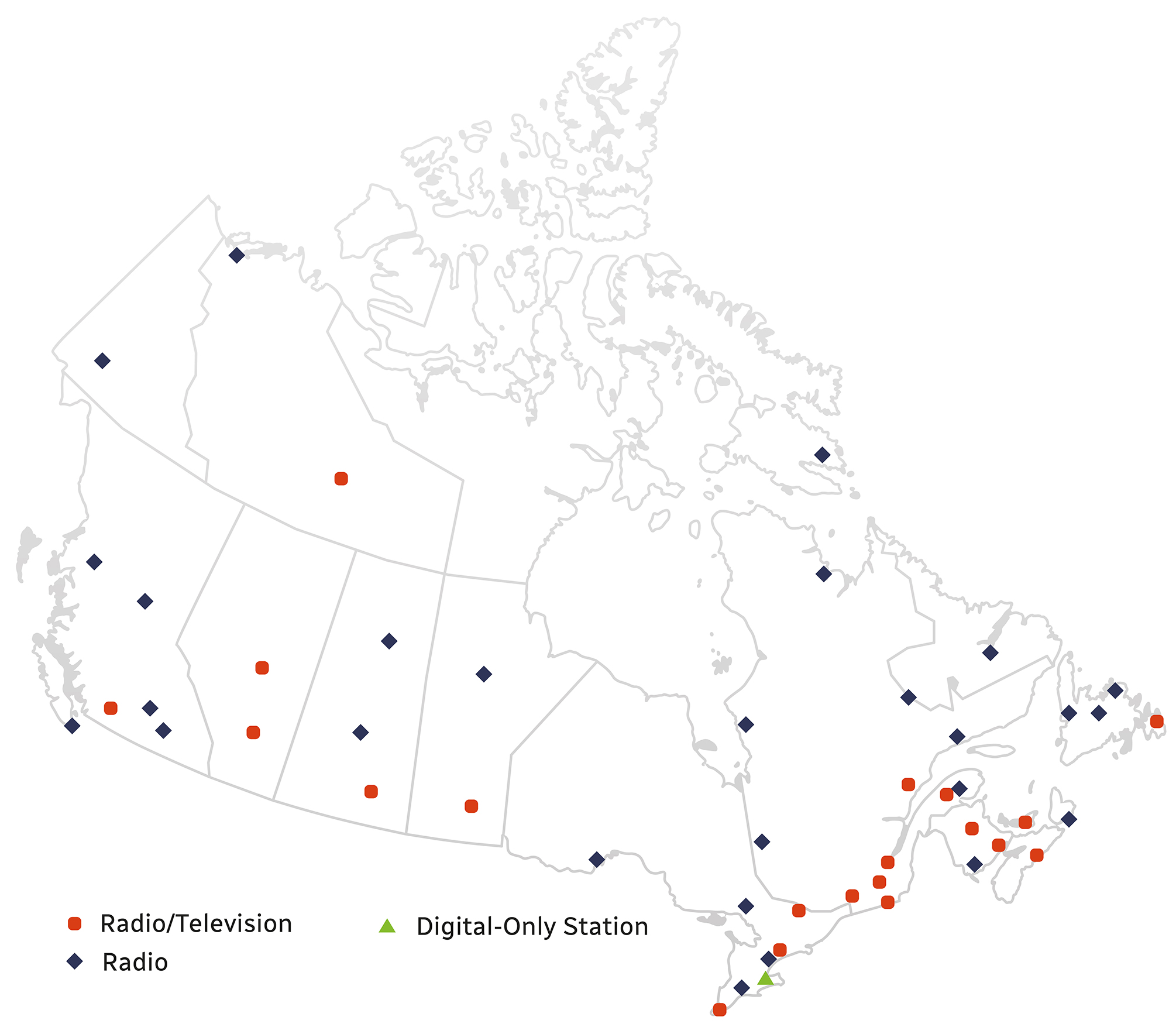 Map of Canada with dots on the cities where we have stations.
