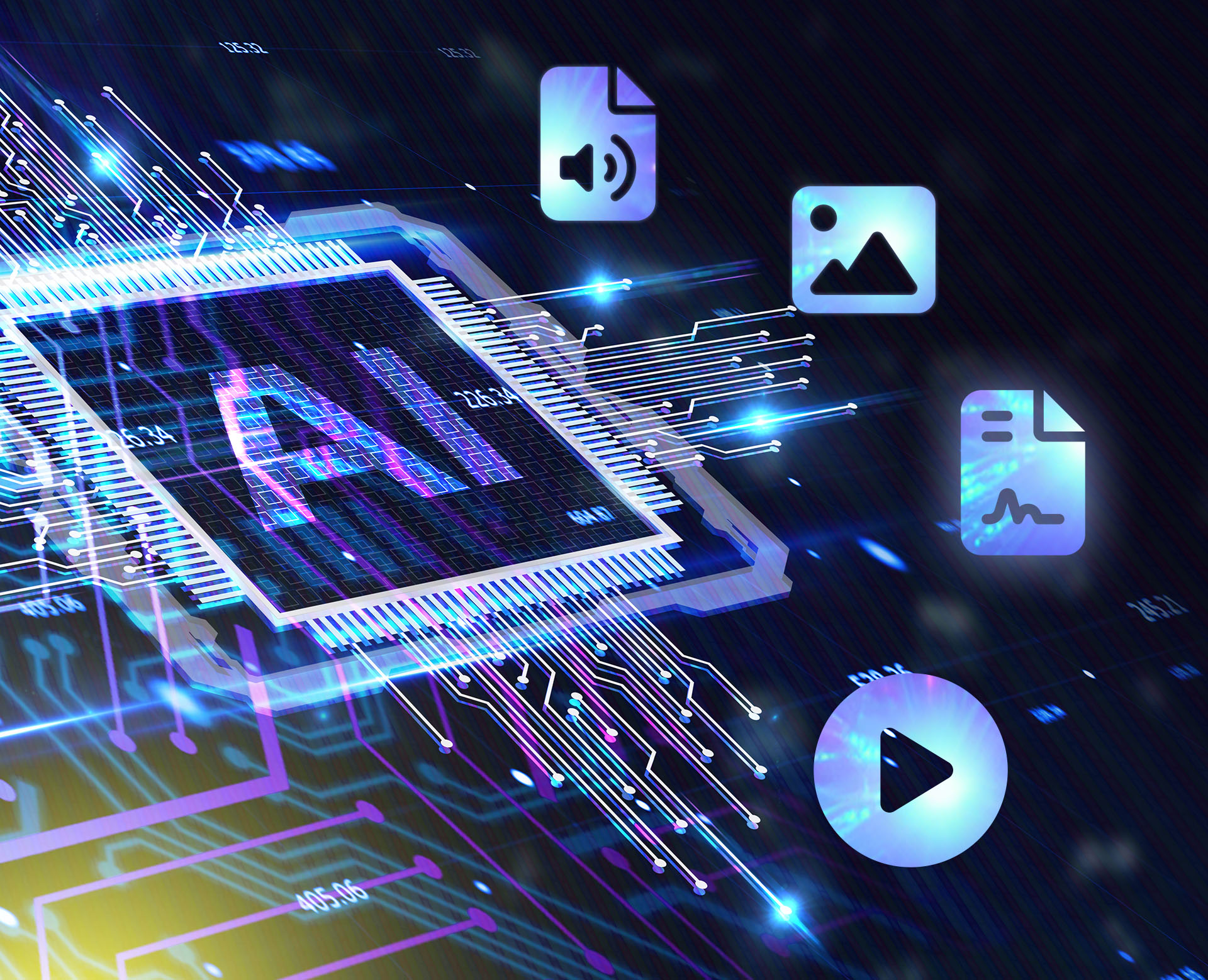 the word AI with icons of play buttons